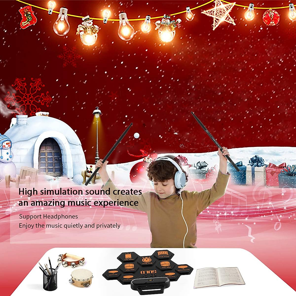 Electronic Drum Set, Electric Roll-up Drum Set with 9 Drum Practice Pads with Drum Sticks and Foot Pedals, E Drum Set with Built-in Speaker and Headphone Jack Great Holiday Birthday Gift for Kids