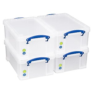 Really Useful Box 9 Litre Plastic Storage Box Clear, Multi-purpose stacking storage, with a lid and clip lock handles, Ideal for home, office, school and arts and crafts storage (Pack of 4)