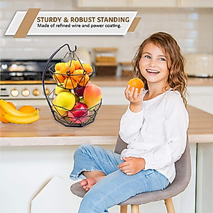 Simplil 2 Tier Vegetable and Fruit Basket With Banana Hanger, Countertop Detachable Bowls, Black