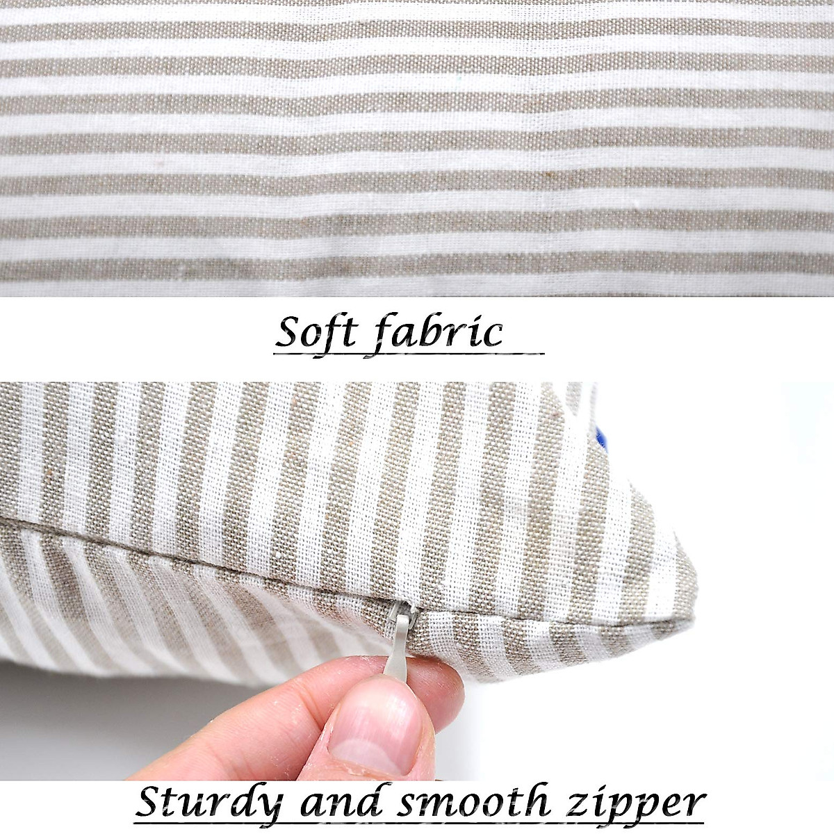 JES&MEDIS Pack of 2 Pillowcase Cotton Striped Home Decor Square Throw Pillow Covers Set for Office Bed Car Club 18 x 18 Inches 45 x 45 cm Beige and White