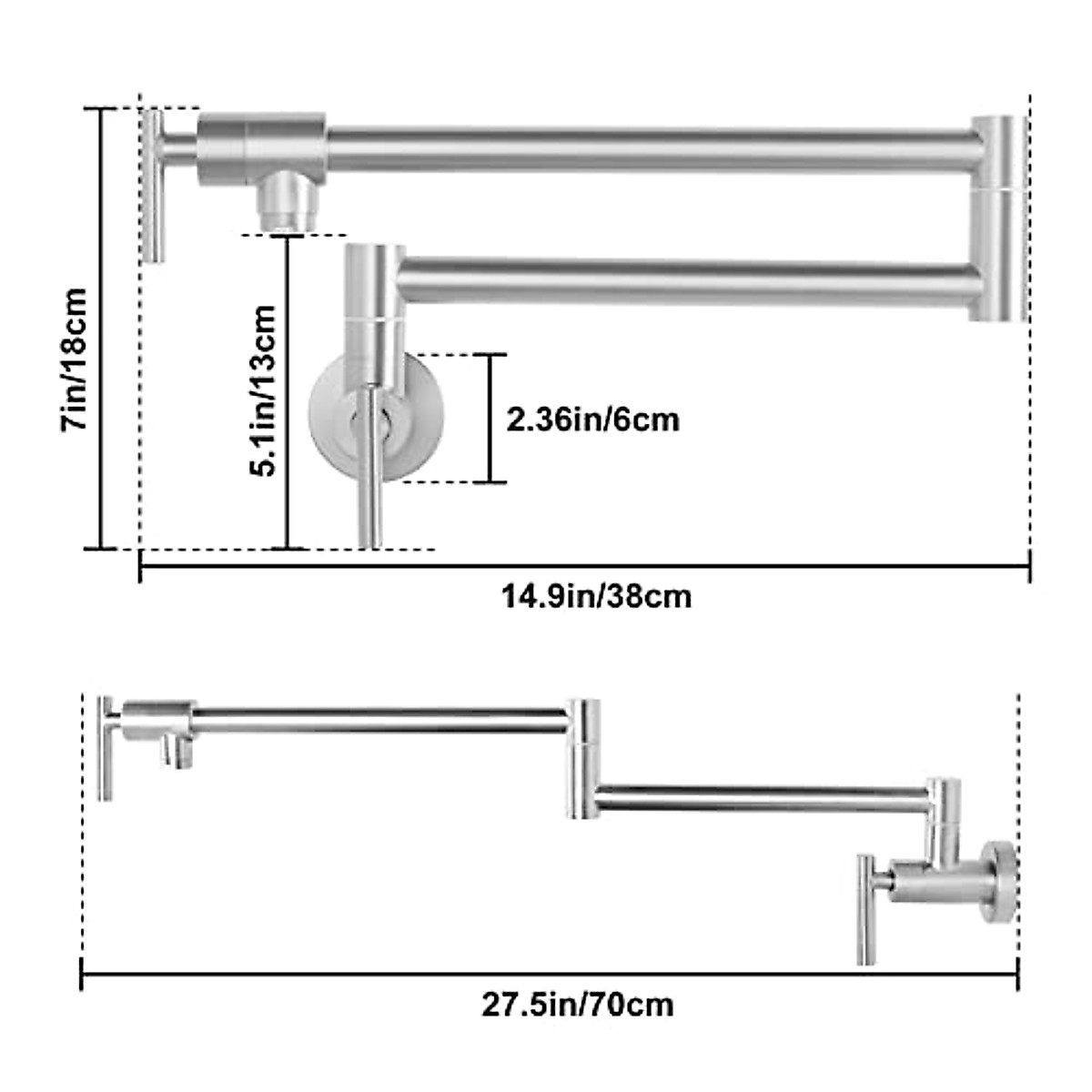 Launceter Pot Filler Faucet, Wall Mount Pot Filler Solid Brass Brushed Nickel Kitchen Faucets, Double Joint Swing Arm Kitchen Sink Pot Filler Faucets, Single Hole with 2 Handles(Brushed Nickel)