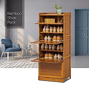 MoNiBloom Bamboo 7-Tier Shoe Organizer Rack with Pull-Down Door 21-Pair Sneaker Heels Boots, Hallway Entryway, Brown