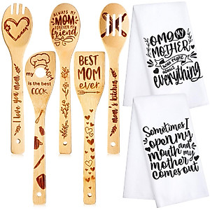 7 Pieces Mom Gifts Set Including 2 Pieces Mom Kitchen Towels Mom Dish Towels and 5 Pieces Bamboo Utensils for Mother's Day Mom Birthday Christmas Gifts