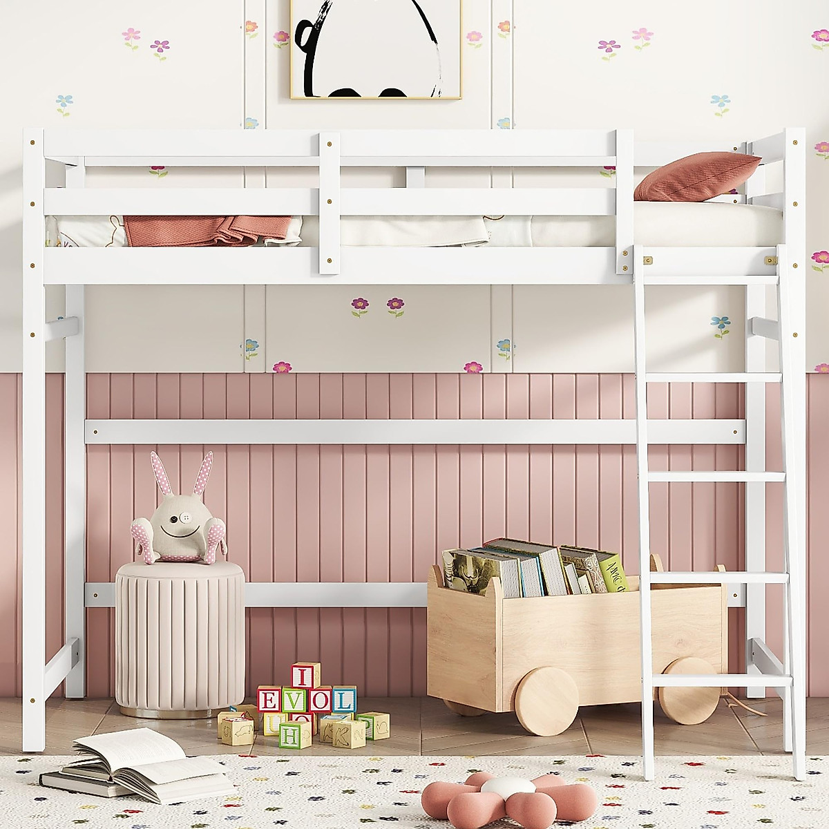 Harper & Bright Designs Twin Size Loft Bed Frame,Wooden Kids Loft Bed with Inclined Ladder & Full-Length Guardrail, High Loft Bed for Teens Girls Boys, Space-Saving, White