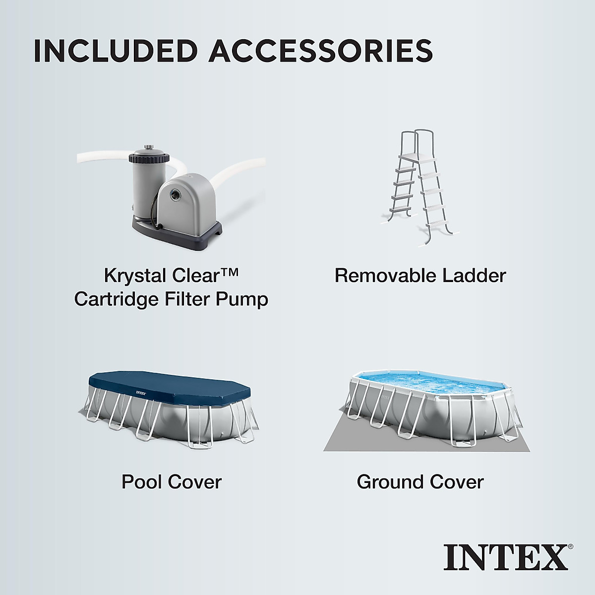 Intex 26795EH Prism Frame Premium Oval Above Ground Swimming Pool Set: 16.6ft x 9ft x 48in – Includes 1500 GPH Cartridge Filter Pump – Removable Ladder – Pool Cover – Ground Cloth
