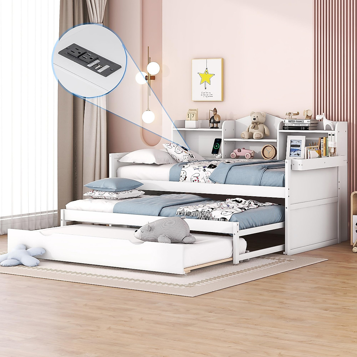 Merax Wooden Storage Shelf, Twin XL Daybed with 2 Trundle, White