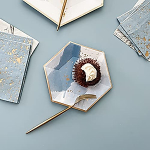 Harlow & Grey Malibu Watercolor Small Party Plates Set, 8 Ct Pack, 8” Elegant Disposable Paper Dinnerware Supplies for Birthday, Wedding, Shower, Anniversary, Engagement, Holiday, Blue & Gold