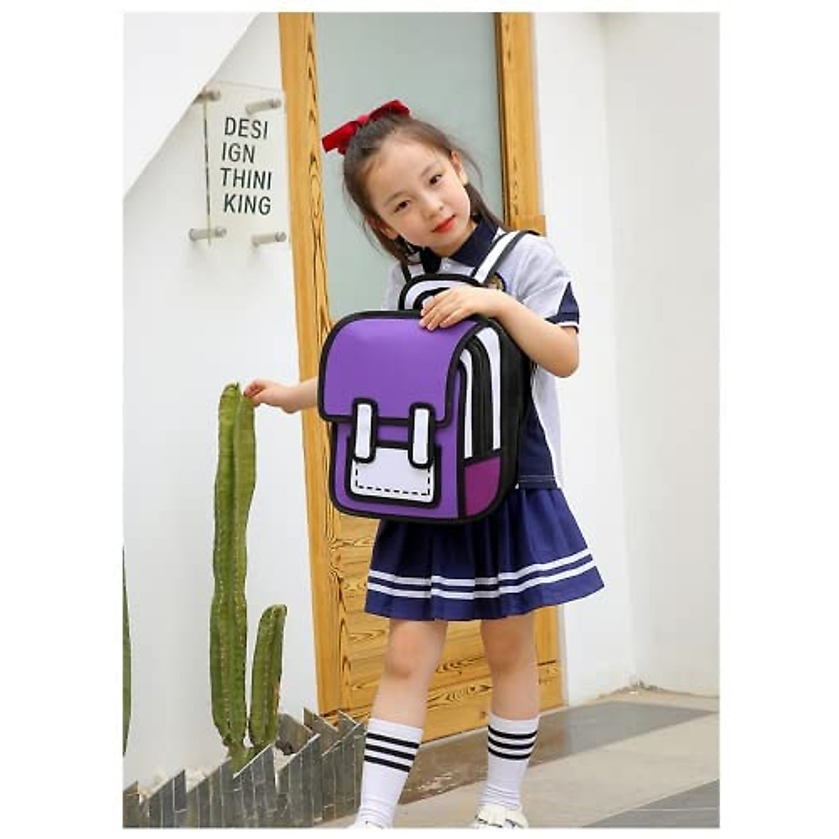 Kawaii Backpack Cartoon 3D Jump Style 2D Drawing from Comic Paper Anime Bookbag School Supplies Cute Fun Daypack (Purple)
