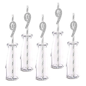 Silver Happy 9th Birthday Straw Decor, Silver Glitter 24pcs Cut-Out Number 9 Party Drinking Decorative Straws, Supplies