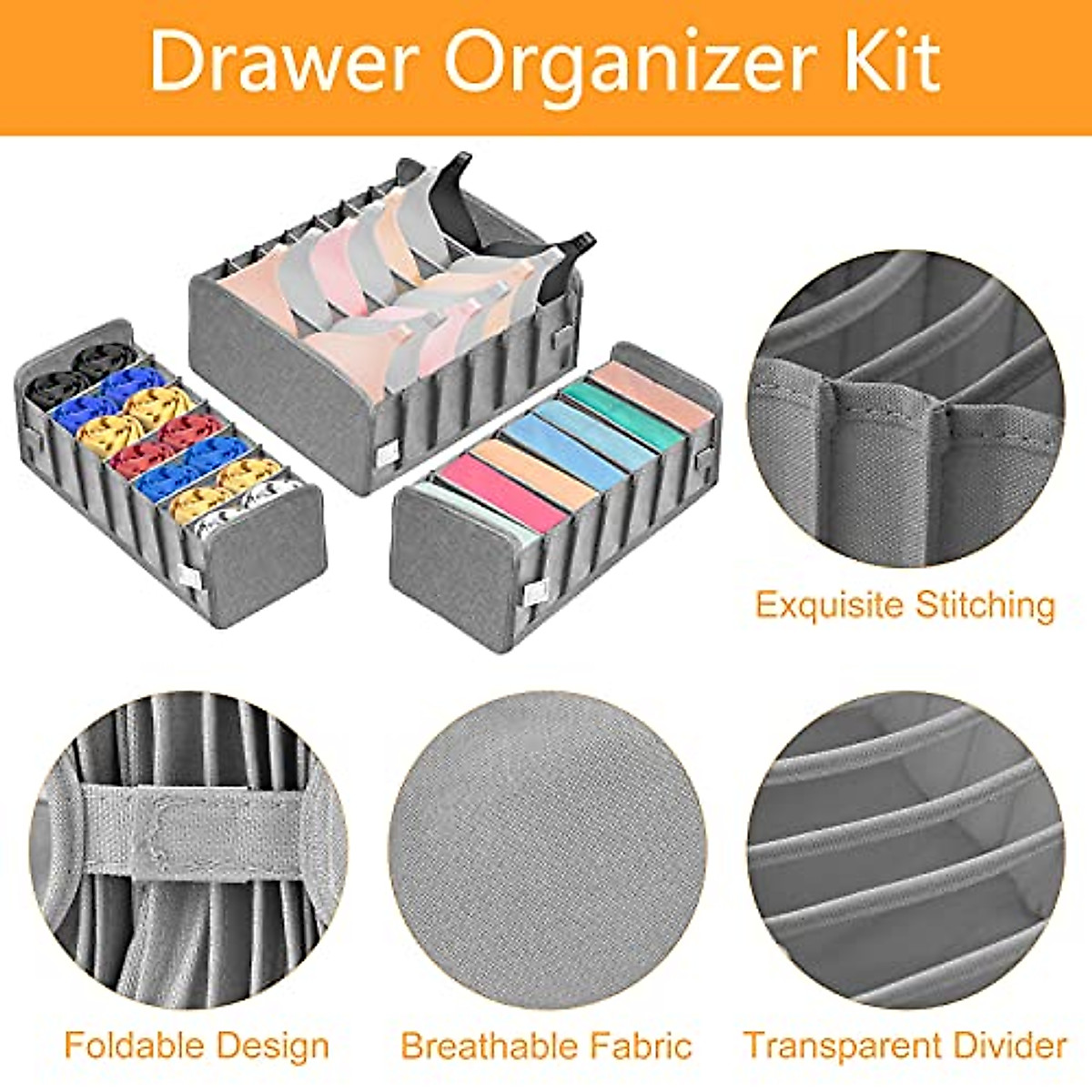 Coopay Underwear Sock Organizer Drawer Organizer Foldable Closet Underwear Organizer Drawer Divider for Bra Panties Ties Socks Clothes Storage with Washable Fabric, 3 Set (Gray)