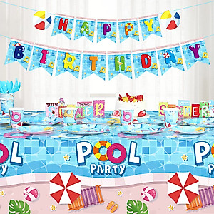 Nuanchu 172 Pcs Pool Party Supplies Serves 24 Include Summer Beach Tablecloth Pool Party Birthday Banner Beach Themed Party Plates and Napkins Tableware Set for Beach Ball Birthday Pool Party Decor