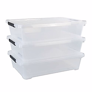 Leendines Plastic Underbed Storage Box, 40 Quart Clear Shallow Box with Wheels Set of 3