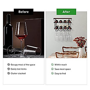 OOir onOO Wall Mounted Wine Rack - Wood Rustic Wine Bottle Glass Floating Shelves Holds with Stemware Rack, 8 x Glasses and 11 xWine Bottles for Kitchen,Dining Room,Bar,15 Inch（Black）
