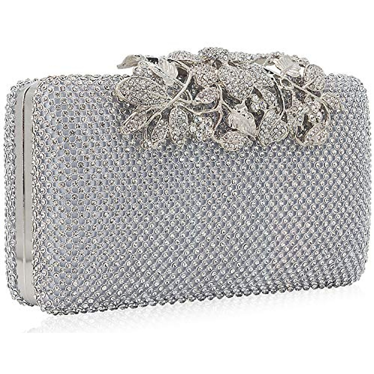 MagicLove Womens Evening Bag with Flower Closure Rhinestone Crystal Clutch Purse for Wedding Party Silver