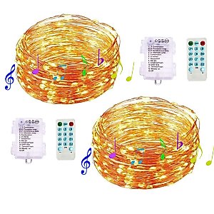 Dreamworth 2 Pack 12 Modes Sound Activated Music String Lights, Battery Operated 16.4Ft 50 LED Silver Wire Fairy Lights with Remote Timer for Bedroom Wedding Party Festival(Warm White)