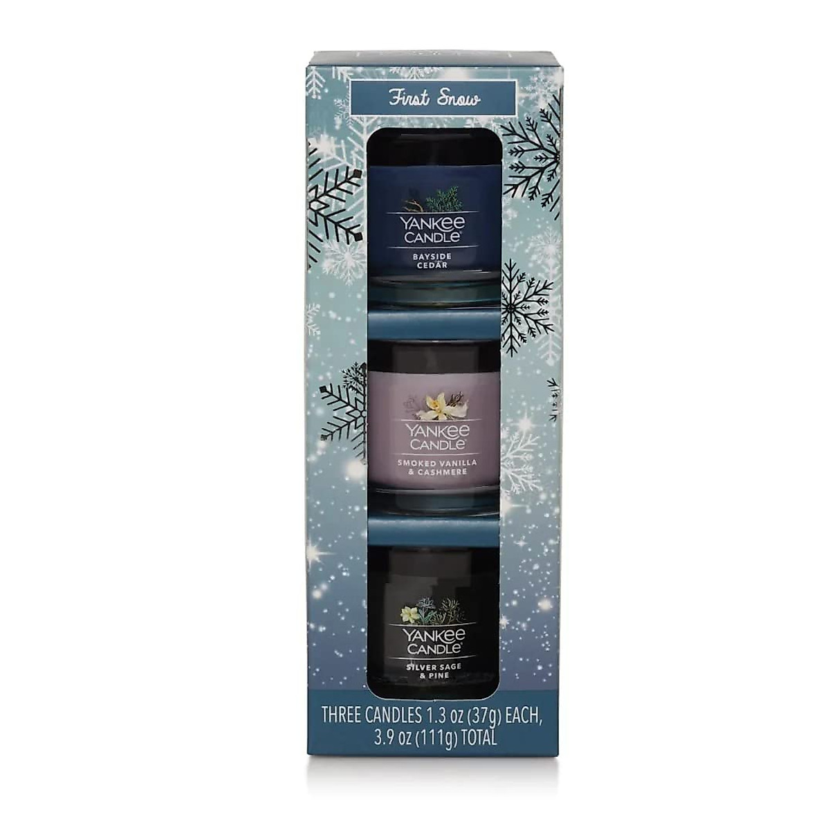 Yankee Candle First Snow 3 Pack Mini Glass Jar Candle 1.3oz Each Featuring Bayside Cedar, Smoked Vanilla & Cashmere, Silver Sage & Pine