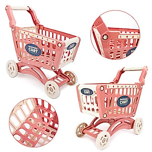 deAO Kids Shopping Cart Trolley for Groceries Toddlers 65 Food Fruit Vegetables Pretend Play Food Role Play Educational Toy Play Kitchen Toys Store Playset (Red)