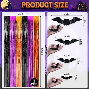 algpty 3 Pack Halloween Foil Curtains Backdrop with 16 Pcs Halloween Bats, 3.3 x 6.6FT Orange Purple Black Metallic Tinsel Foil Fringe Curtains Halloween Party Photo Booth Props Halloween Decor Indoor