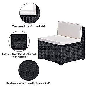 VOGU 5-Piece Outdoor Patio Dining Set Furniture Set, PE Wicker Rattan Sectional Corner Sofa Set Furniture Set with Ottoman/Glass Coffee Table Lying Chair (Black Wicker + Beige Cushion 05)