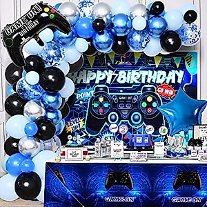 Winrayk Video Game Party Decorations Birthday Supplies Game Balloons Garland Arch kit Backdrop Game On Tablecloth Star Gamepad Foil Balloon Boy Girl Kids Teen Gamer Birthday Party Decorations Supplies