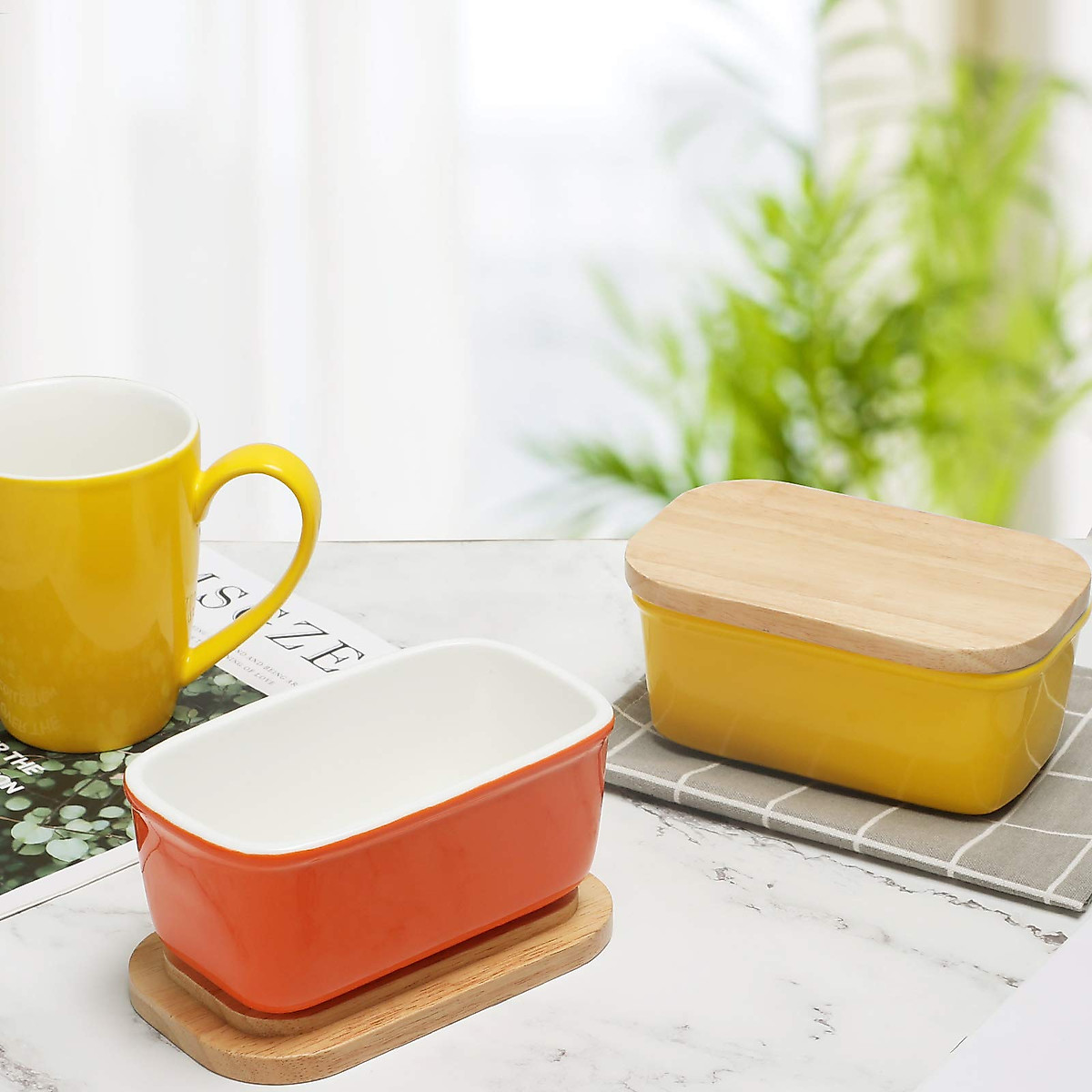 amHomel Butter Dish with Lid for Countertop, Ceramic Butter Container with Cover, Farmhouse Butter Holder, Large Butter Keeper Holds up to 2 Sticks, Set of 2(Orange, Yellow)