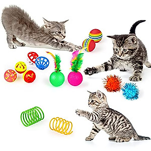 ANJIME 32 PCS Cat Toys Kitten Toys, Variety Catnip Toys with Rainbow Tunnel Interactive Cat Feather Teaser Fluffy Mouse Crinkle Balls Spring Toy Set for Cat, Kitty