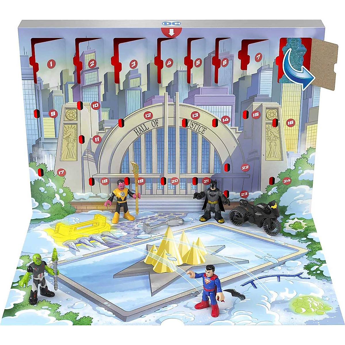 DC Super Friends Imaginext DC Super Friends Advent Calendar, 24 mystery toys including figures, accessories and a vehicle for preschool kids