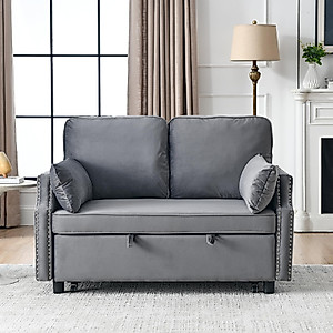 PATAVOT 3 in 1 Sleeper Sofa Couch, Velvet Upholstered Sleeper Sofa Bed with Side Storage Pockets, 2-Seater Pull Out Couch with 2 Pillows and Removeable Backrest for Living Room, Apartment, Grey.