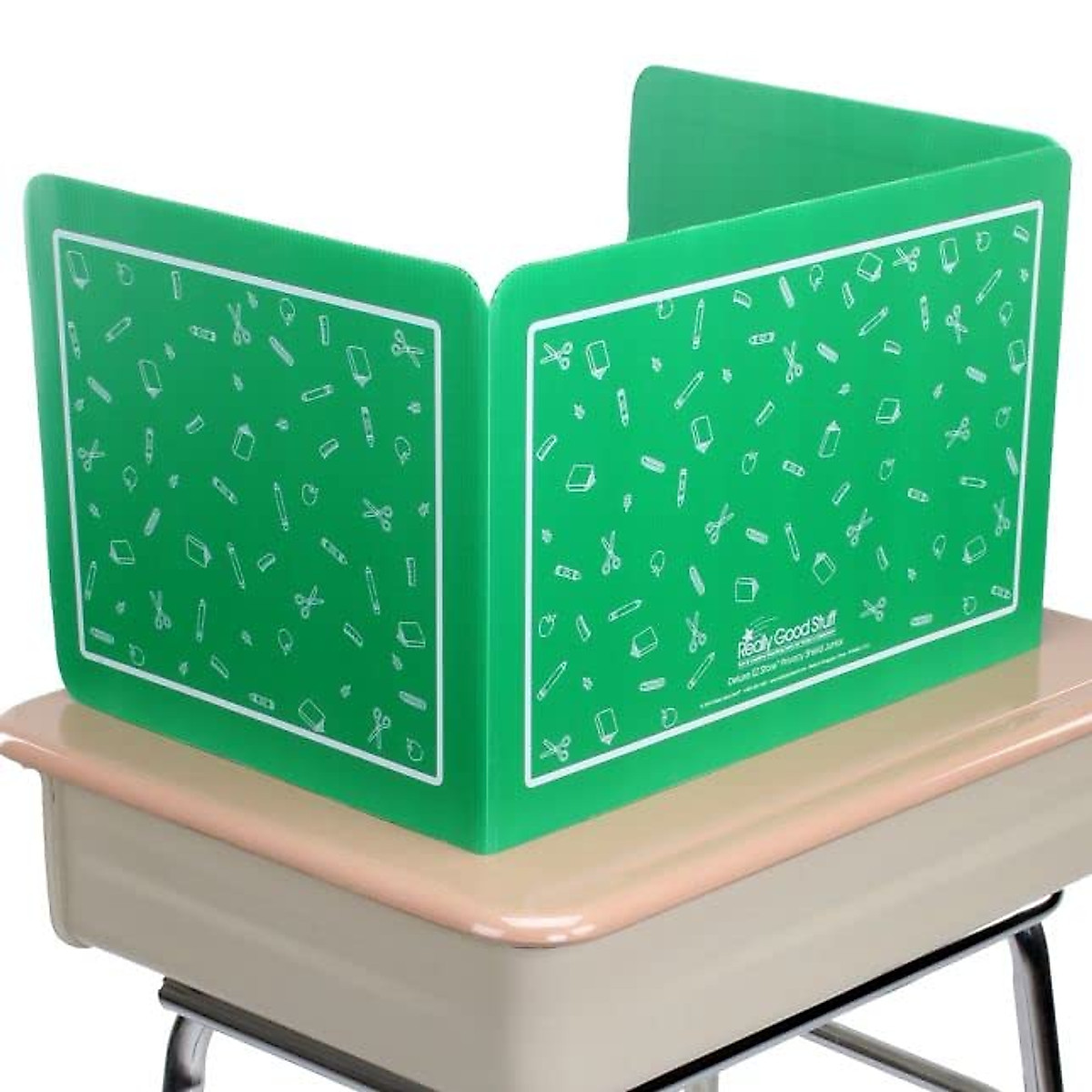 Really Good Stuff Plastic Privacy Shields for Student Desks – Set of 6 - Standard - Study Carrel Reduces Distractions - Keep Eyes from Wandering During Tests, Green with School Supplies Pattern