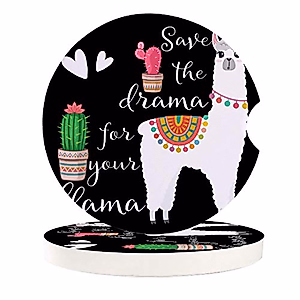 Car Cup Holder Coasters Set of 2, Mandala Llama Animals and Cactus Plants Absorbent Ceramic Stone Drink Coaster with A Finger Notch for Easy Removal of Auto Cupholder