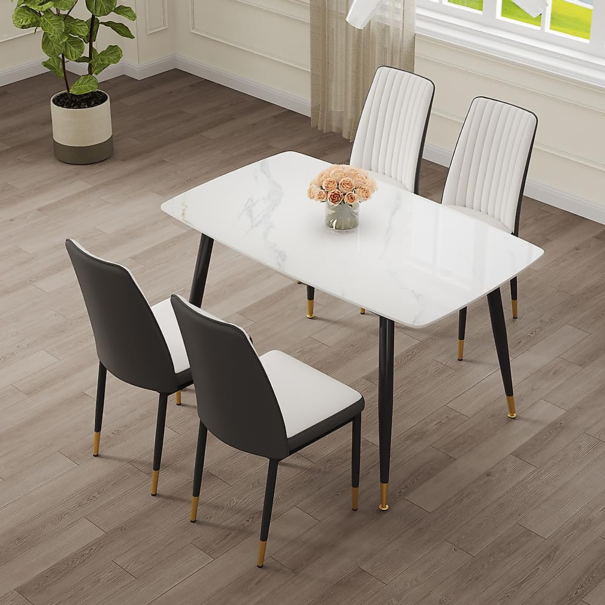 WEKEOT 50" White Modern Sintered Stone Dining Table Set for 4 Faux Marble Dining Table with 4 Upholstered PU Leather Chair Dining Room Table Set(1White Table+4White and Gray Chairs)