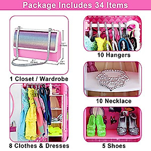 ZITA ELEMENT 34 Pcs 11.5 Inch Girl Doll Closet Wardrobe Set for 11.5 Inch Girl Doll Clothes and Accessories - Including Handbag Style Closet, Dresses, Swimsuits, Shoes, Hangers and Necklaces