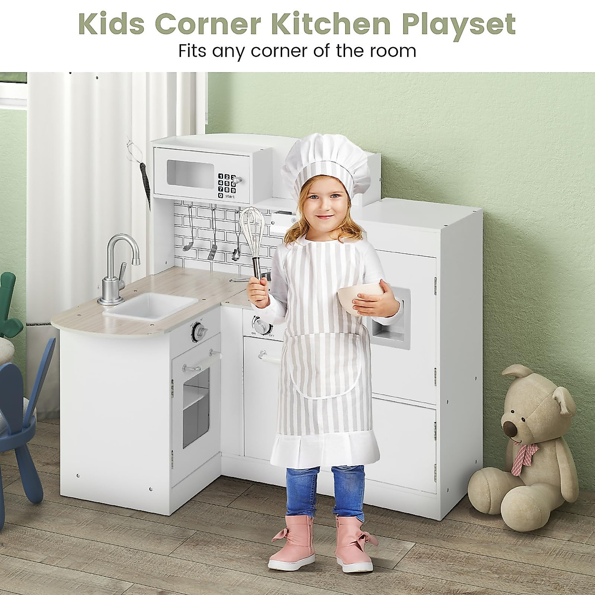 Costzon Kids Corner Kitchen Playset, 8-in-1 Wooden Play Kitchen Toy Set w/Realistic Microwave, Oven, Stove, Refrigerator, Water Dispenser, Range Hood, Pretend Cooking Set