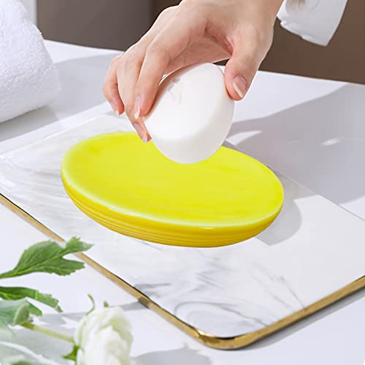 LISANEK Bathroom Accessories Set 4 Piece Ceramic Bathroom Accessories Decoration Set with Lotion Dispenser, Soap Dish,Cup,Toothbrush Holder (Yellow)