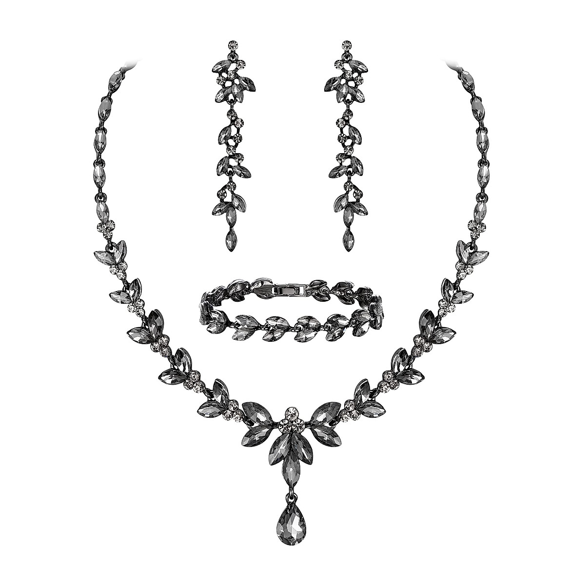 EVER FAITH Austrian Crystal Party Jewelry Sets, Costume Marquise Rhinestone Leaf Necklace Dangle Earrings Tennis Bracelet Set Grey Black-Tone