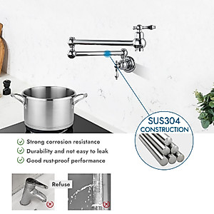 Cinwiny Polished Chrome Pot Filler Faucet Wall Mount Classical Folding Stretchable Stainless Steel Kitchen Restaurant Sink Faucet with Double Joint Swing Arm 1 Hole 2 Handle Commercial