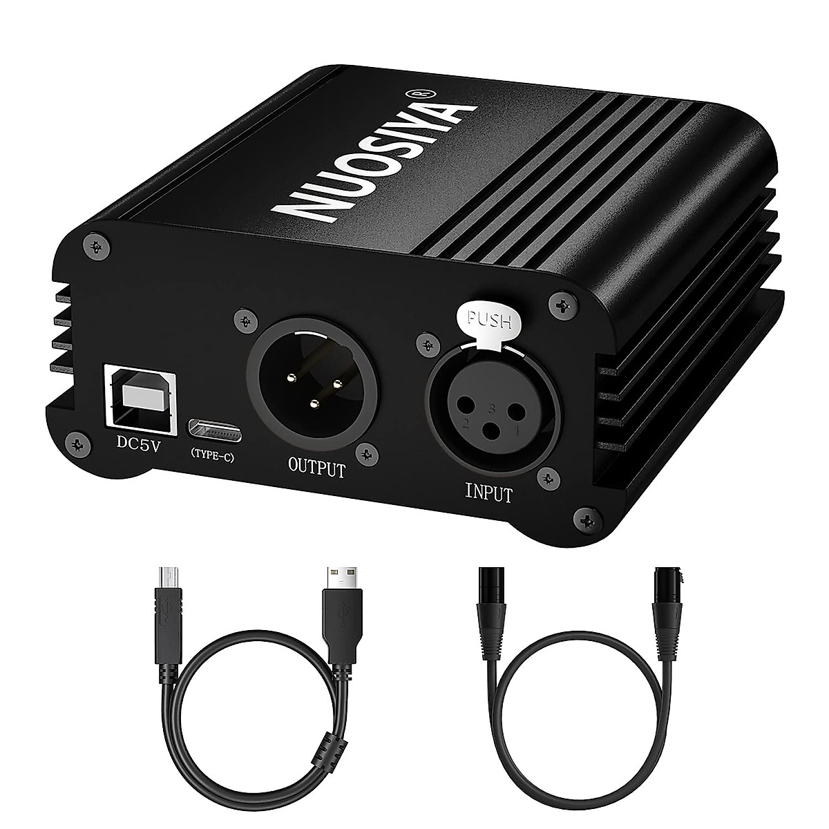 NUOSIYA Phantom Power 48V, 1-Channel Phantom Power Supply for Condenser Microphone with 10Ft XLR Female to Male Mic Cable，Dual Charging Ports, Metal Box, Black