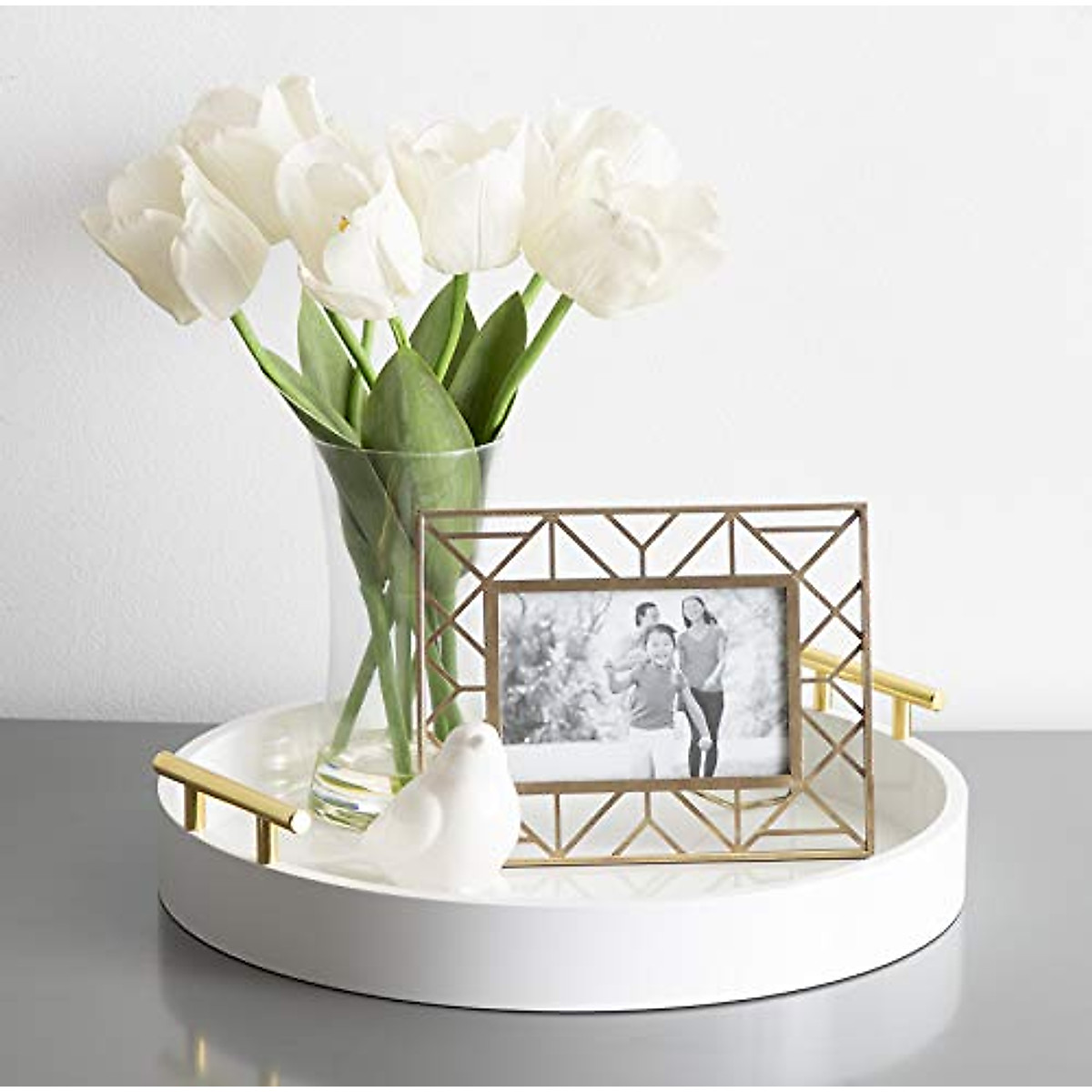 Kate And Laurel Lipton Modern Round Tray, 15.5" Diameter, White and Gold, Decorative Accent Tray for Storage and Display