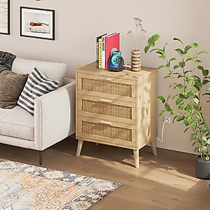 Irontar Rattan Nightstand with Charging Station, Night Stand with 3 Large Rattan Drawers, Accent End Table, Bedside Table with Solid Wooden Legs for Bedroom, Natural BZZ006ME