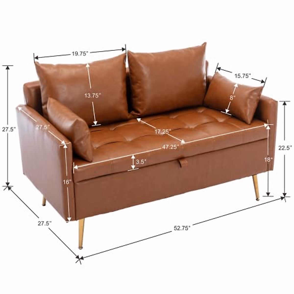 Ya-Home Modern Loveseat Sofa Comfy PU Leather with Armrest and Pillows, Upholstered Tufted Couch Love Seat Sofa with Storage Function for Living Room Office, Brown