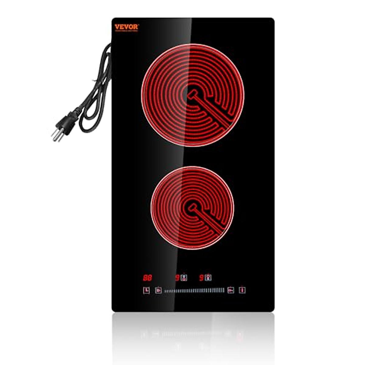 VEVOR Built in Electric Stove Top, 12 inch 2 Burners, Glass Radiant Cooktop with Sensor Touch Control, Timer & Child Lock Included, 9 Power Levels for Simmer Steam Slow Cook Fry,110V with US Plug