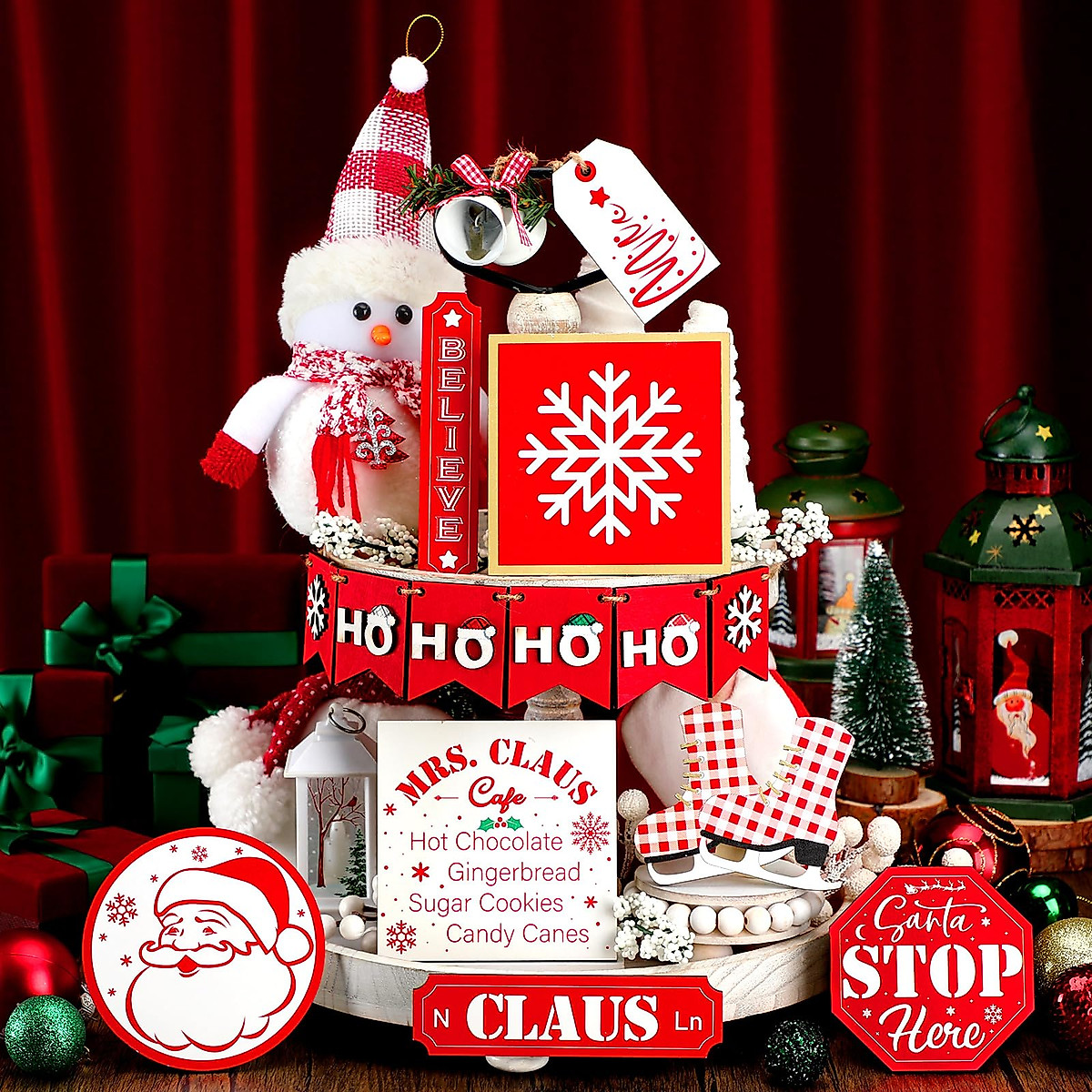 Umigy 14 Pcs Christmas Tiered Tray Decor Set Christmas Wooden Sign Decor Xmas Rustic Santa Claus Snowflake Spice Blocks Winter Table Sign for Christmas Xmas Home Kitchen Holiday