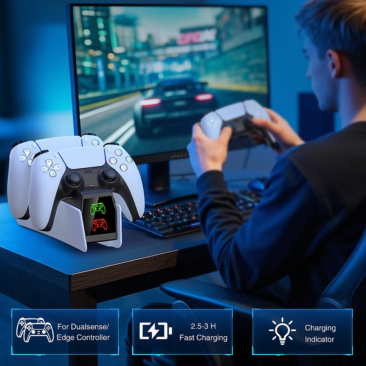 PS5 Controller Charging Station, PS5 Charging Dock Compatible with PlayStation 5 Faceplates Edge & Dual Controller, PS 5 Accessories Charging Dock Stand with LED Indicators & Charging Cable