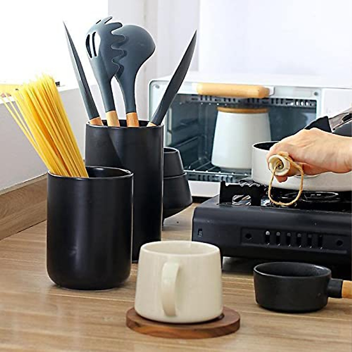 Utensil Holder for Kitchen Counter, Matte Ceramic Kitchen Utensil Holder for Countertop with Non slip Unglazed Base, Cooking Utensils Caddy Organizer Crock for Farmhouse Kitchen Decor(Medium-Black)