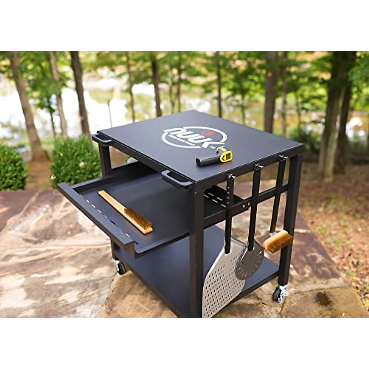 NUUK Three-Shelf Heavy Duty Rolling Outdoor Pizza Oven Table, 24" x 30" Steel Commercial Multifunctional Food Prep Worktable with Drawer on Wheels