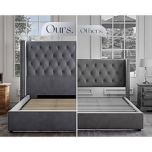Jocisland King Size Lift Up Storage Bed, Upholstered Platform Bed Frame and Velvet Button Tufted Headboard with Wingback, Hydraulic Storage, No Box Spring Needed, Easy Assembly, Gray