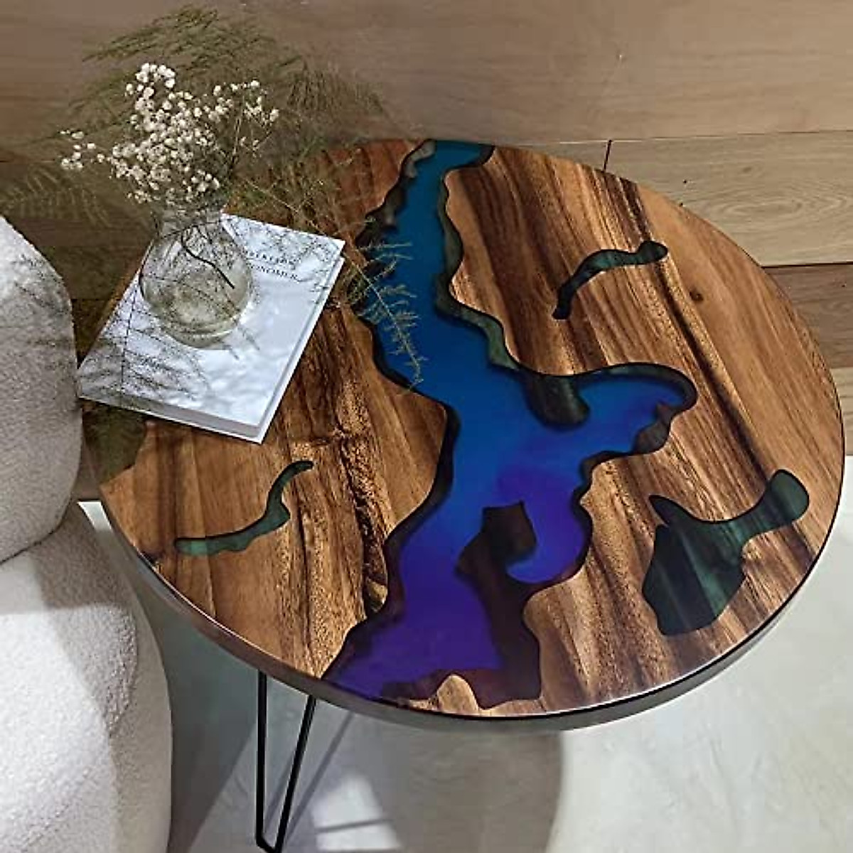 Aurtem Modern Round Coffee Table with Blue Epoxy Home Furniture Household Essential Coffee Table Sturdy Wooden, Resin Console Table Accent Piece for Your Living Room and Office (24''X24'')