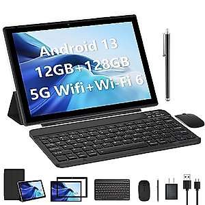 2024 Newest Android 13 Tablet with Keyboard 10 Inch 2 in 1 Tablets, 12GB RAM 128GB ROM 1TB Expand, Quad-Core 2.0GHz CPU Tablet PC, 5G WiFi 6 BT 5.0, 8MP Camera, Google Certified Tableta