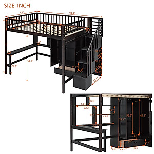 Full Size Loft Bed with Desk, Wardrobe, High Loft Bed Frame with Storage Staircases, Drawer Solid Wood Loft Beds for Kids, Boys and Girls,Teens, No Box Spring Needed (Espresso)