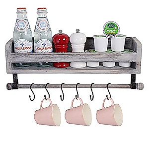 Satauko Wooden Floating Shelves with 8 Hooks for Kitchen Spice Rack, Wall Mounted Shelf with Towel Bar for Bathroom Organizer, Wall Hanging Book Shelves for Nursery Storage.(Grey)